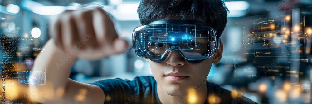 An electrical engineer testing a prototype device, wearing safety ...