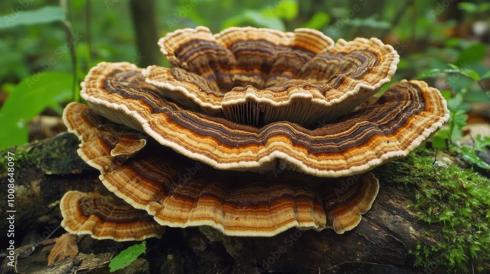 Trametes versicolor , common polypore mushroom, true turkey tail ...