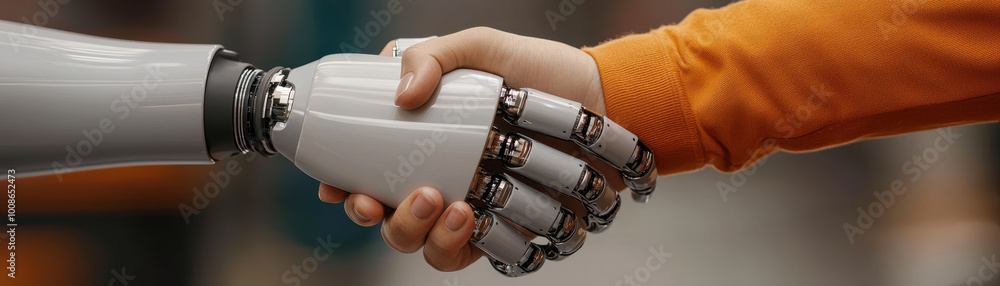 human hand shakes robotic hand, symbolizing collaboration between ...