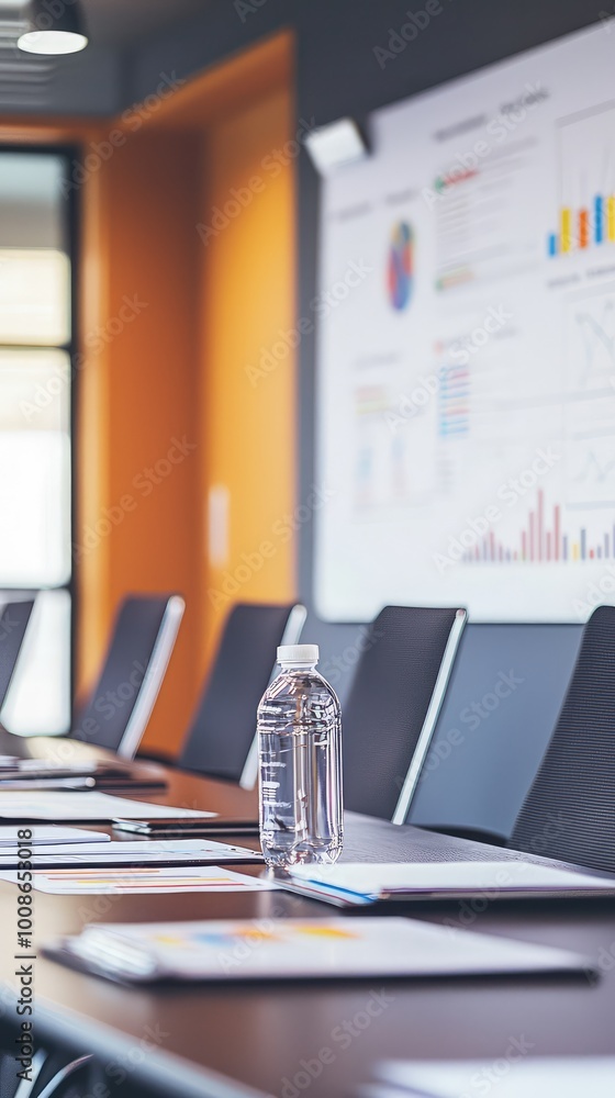 A modern conference room setup featuring a water bottle, charts, and ...