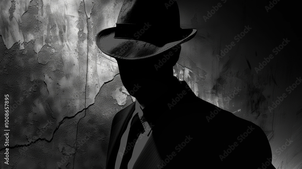Man in dark suit stands tense and alert in dimly lit alleyway, gun in ...
