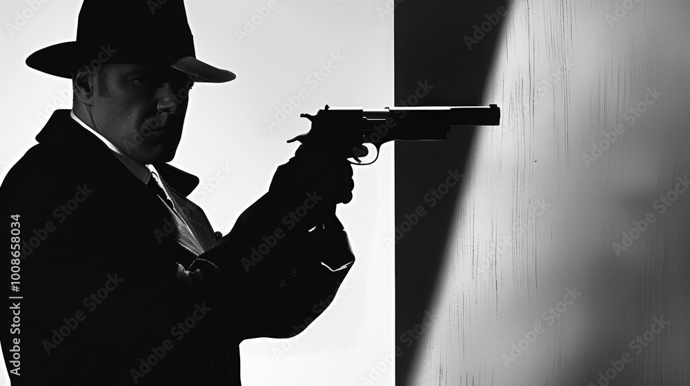 Man in dark suit stands tense and alert in dimly lit alleyway, gun in ...