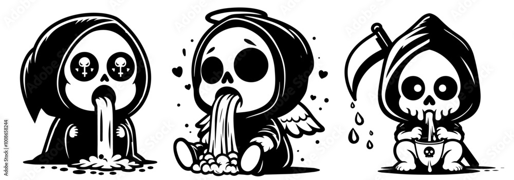 black vector set of hand-drawn cute baby grim reaper in cartoon design ...