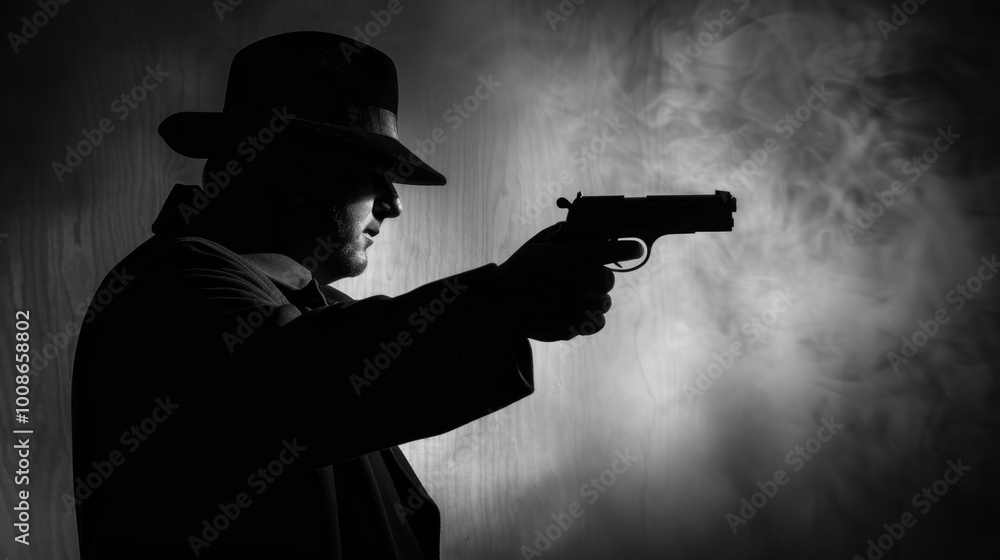 Man in dark suit stands tense and alert in dimly lit alleyway, gun in ...
