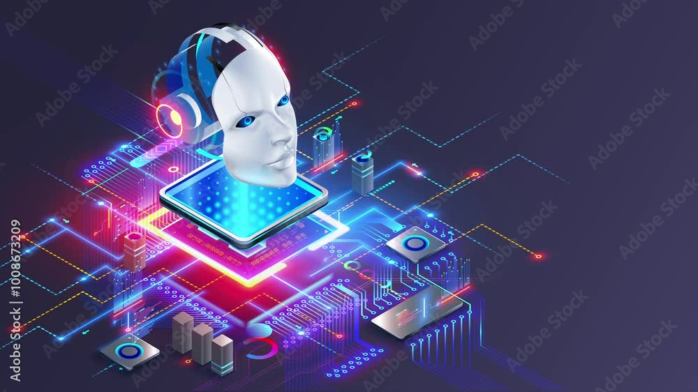 AI electronic chip technology. AI robot head or face over electronic ...