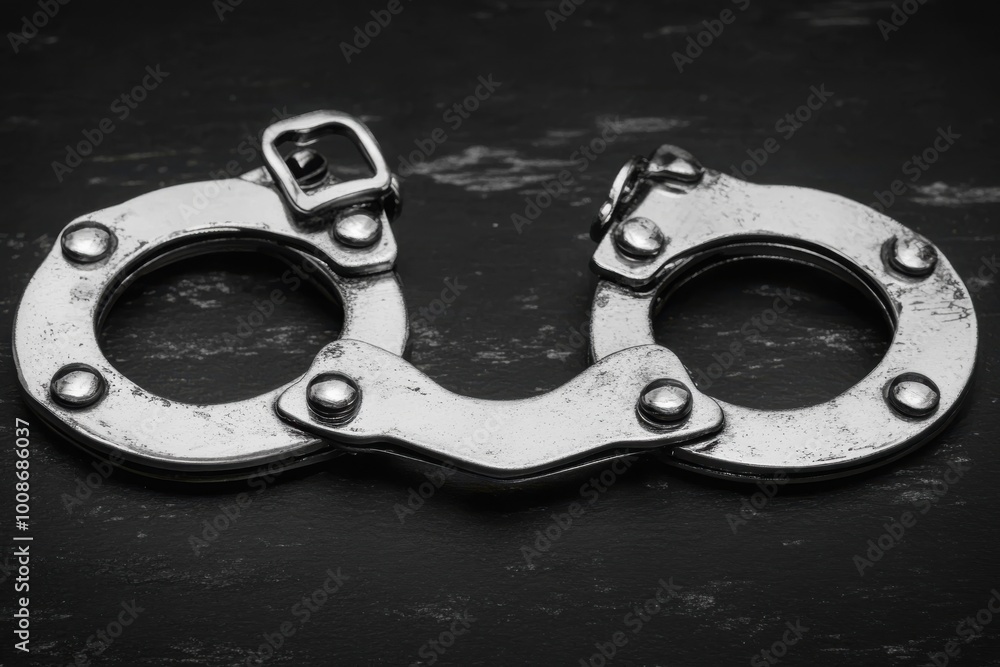 Metal handcuffs resting on a dark surface, illustrating themes of law ...