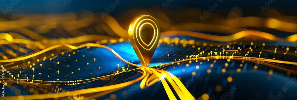 Advanced Navigation And Location Technology Concept Golden Location Marker Floating Above A