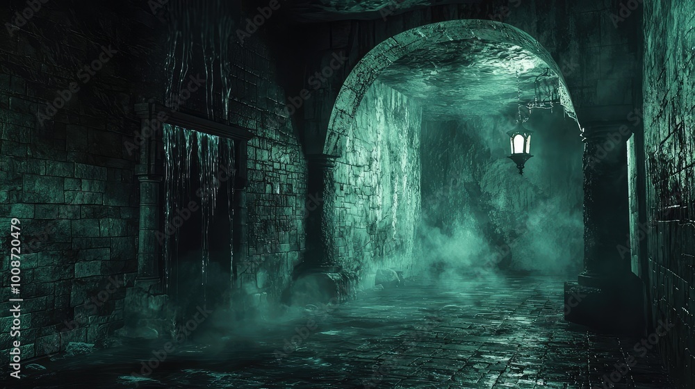 Mysterious underground corridor illuminated by a lantern, with fog ...