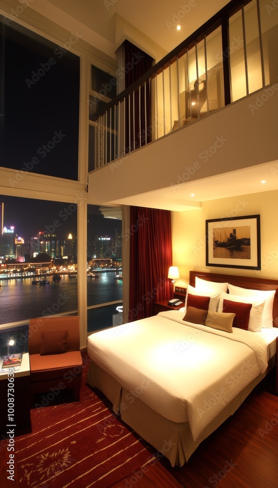 Luxury Hotel Room at Night with City Skyline Views, King Size Bed ...