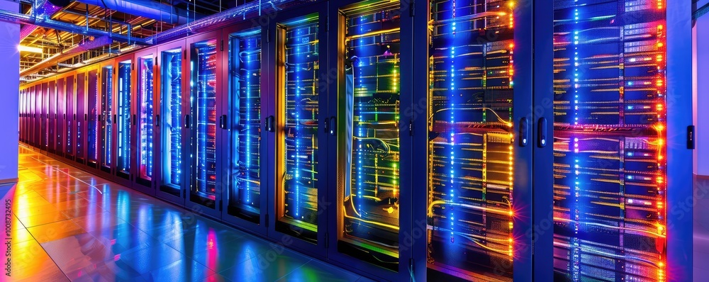 The bright blinking lights on the tall server racks indicate an active ...