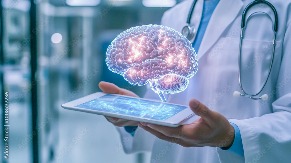 Brain disease, Doctor holding tablet with human brain model to treat ...