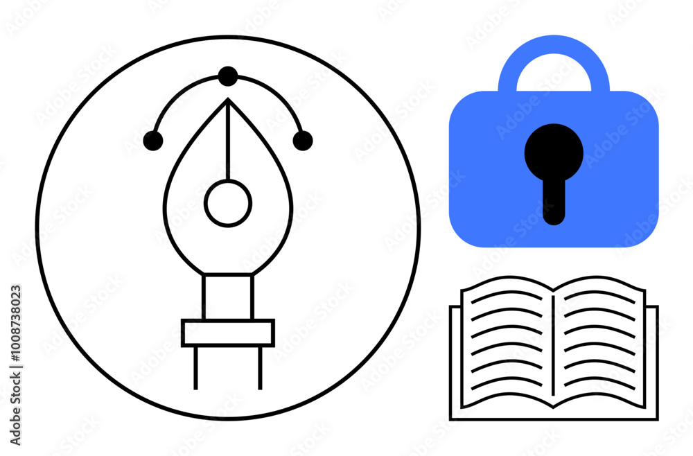 Pen tool, blue lock symbol and open book in a minimalist style. Ideal ...