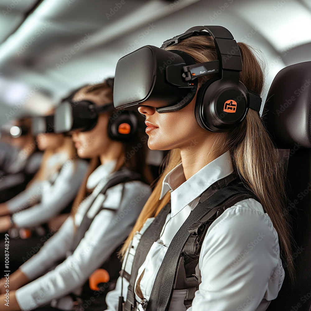 Flight attendants are wearing VR (Virtual Reality) goggles, possibly ...