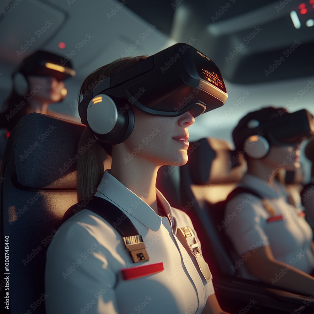 Flight attendants are wearing VR (Virtual Reality) goggles, possibly ...