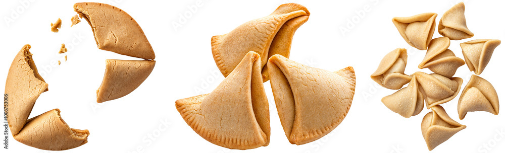 Collection of fortune cookies in various stages: broken pieces, folded ...