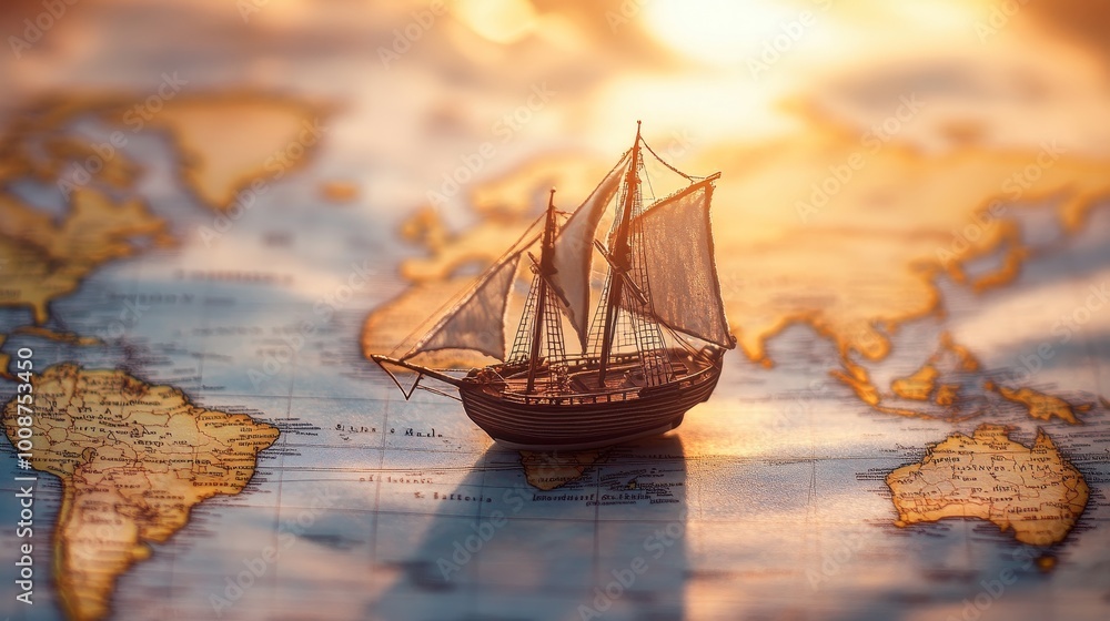 A small miniature toy ship sailing through the waters in a world map ...