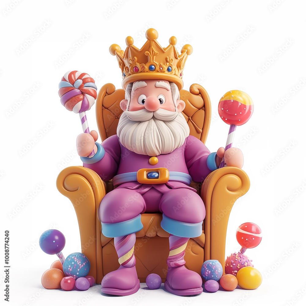 3D cartoon icon character king of the Candy Land, old man, sitting on the throne, dressed as a ...