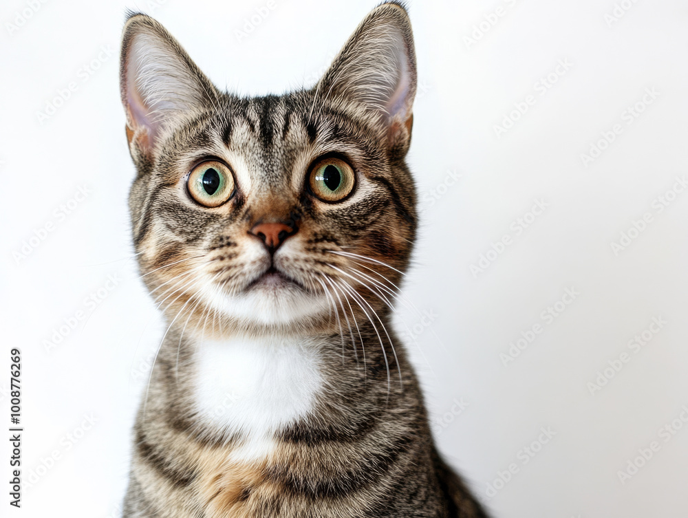 A wide-eyed, surprised cat looks directly at the camera, standing out ...