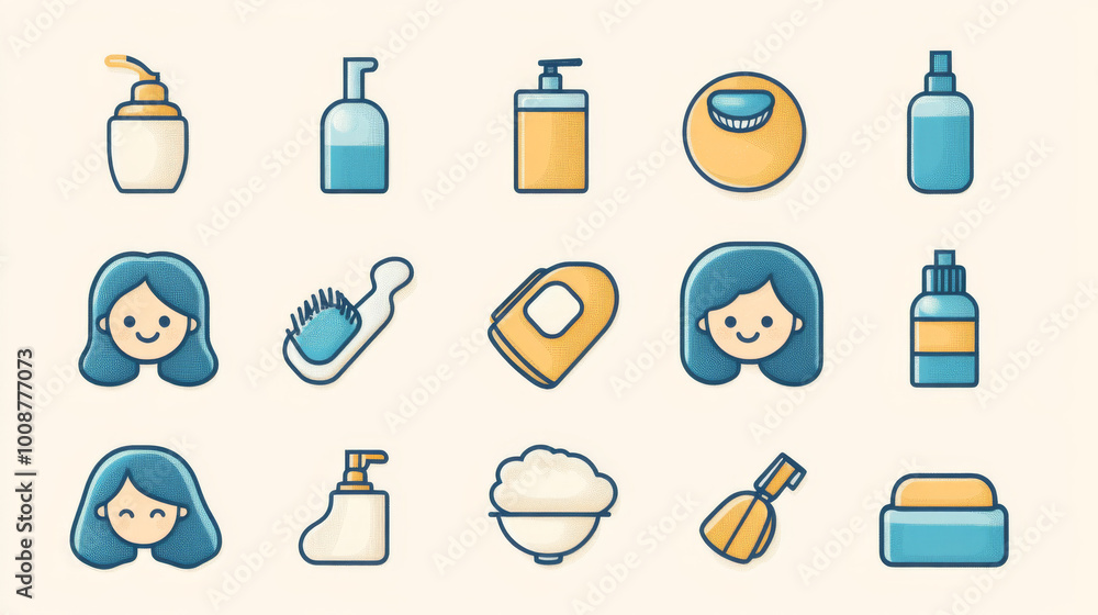 This set of icons is all about hair care. It has pictures for shampoo ...