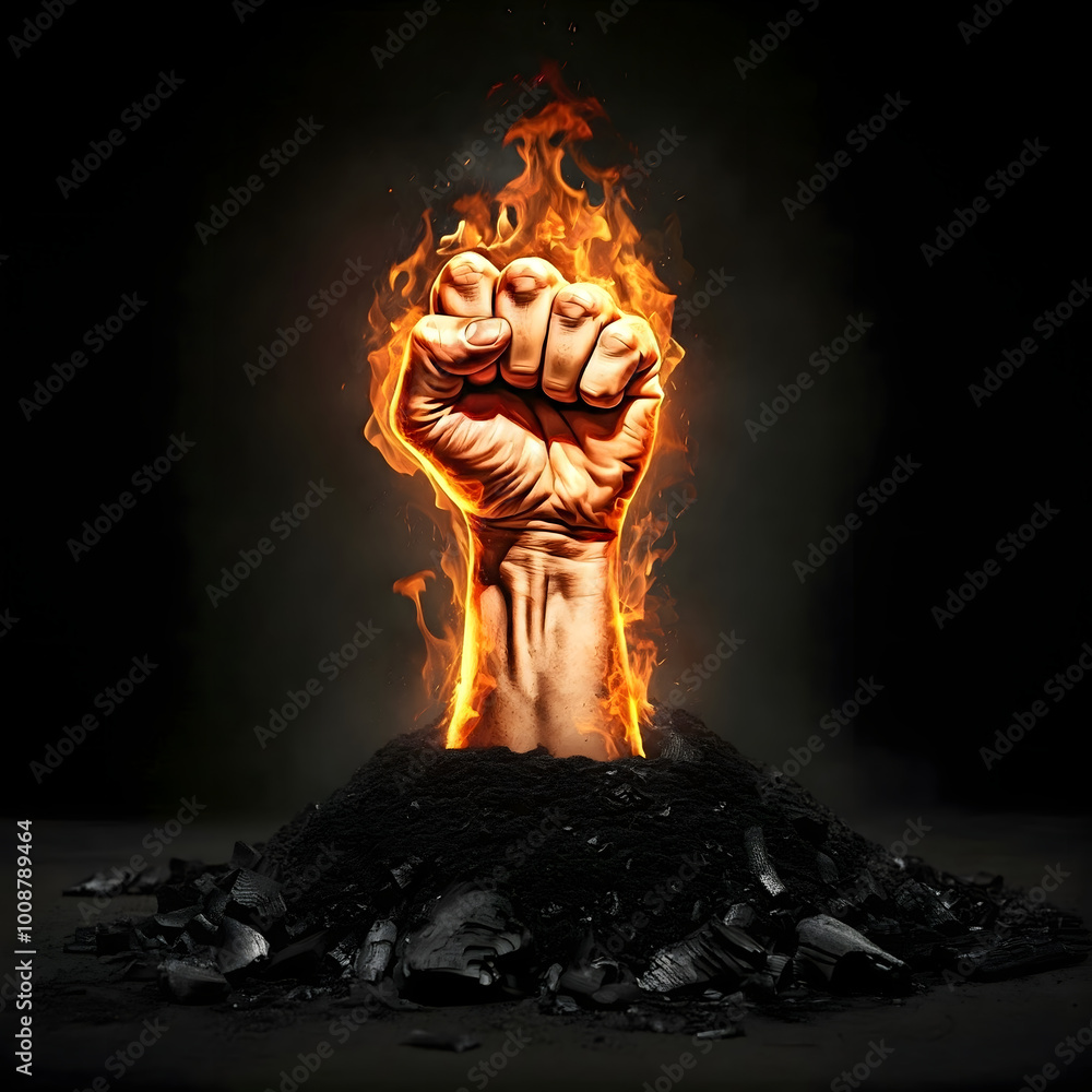 This image shows a fiery fist emerging from a pile of coals ...