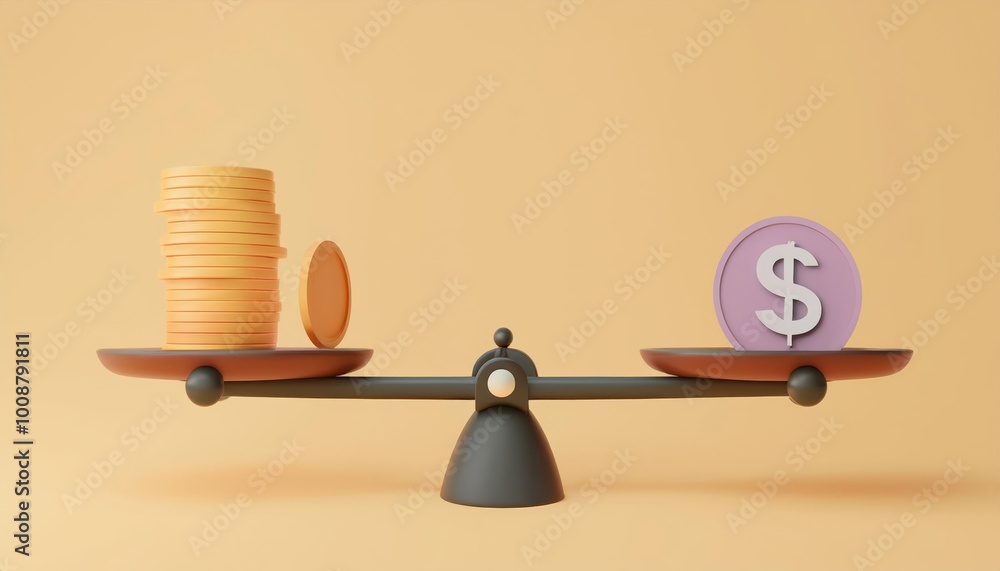 A balance scale displays stacks of coins on one side and a dollar sign ...