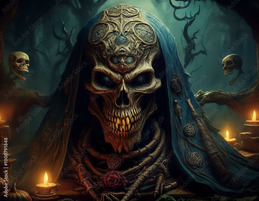 Scary Halloween scene with a dark creature, mystic objects and ...