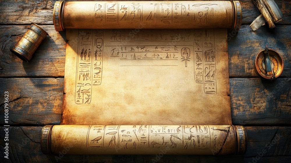 An ancient Egyptian papyrus scroll elegantly unrolled, revealing ...
