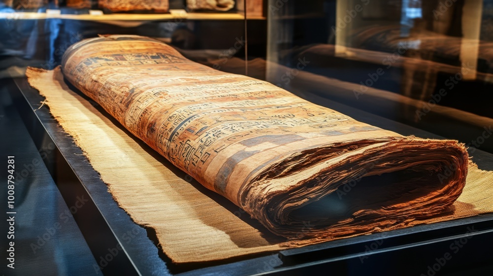 An elegantly displayed papyrus scroll from ancient Egypt, highlighting ...