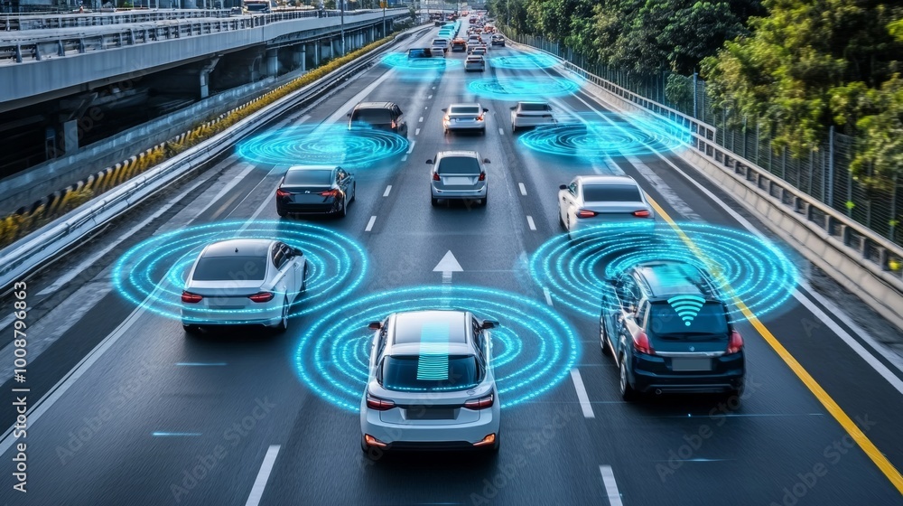 Self-driving autonomous vehicles interacting with each other on a busy ...