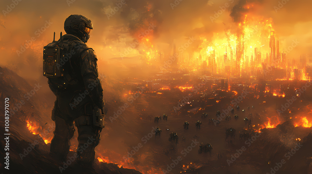 Generative AI, Cyberpunk Battlefield: Armored Soldier and Burning City ...