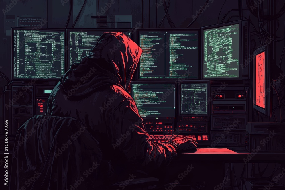 Hackers attack web servers in a dark room, using monitors to spread viruses. Internet criminal ...