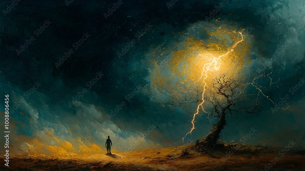 Dramatic Oil Painting Depicting a Stormy Night Landscape with Swirling ...