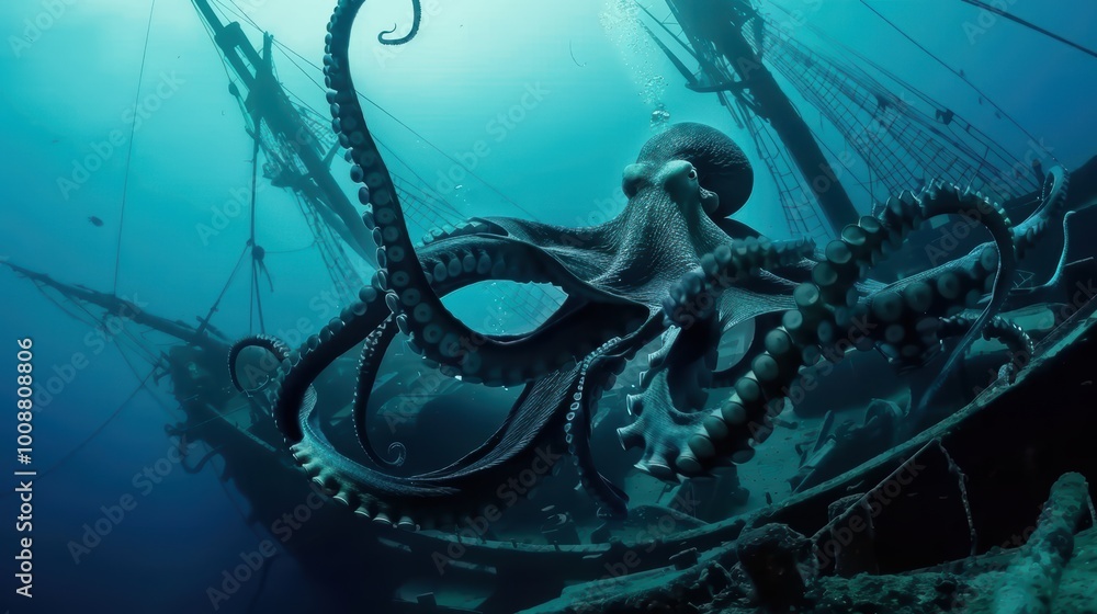 Giant Octopus Wrapping Tentacles Around Sunken Ship Stock Illustration ...