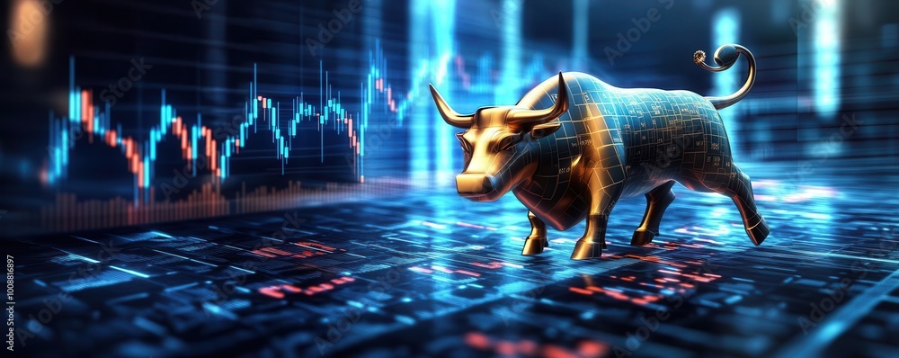 Bullish stock investment with a golden bull charging through rising ...