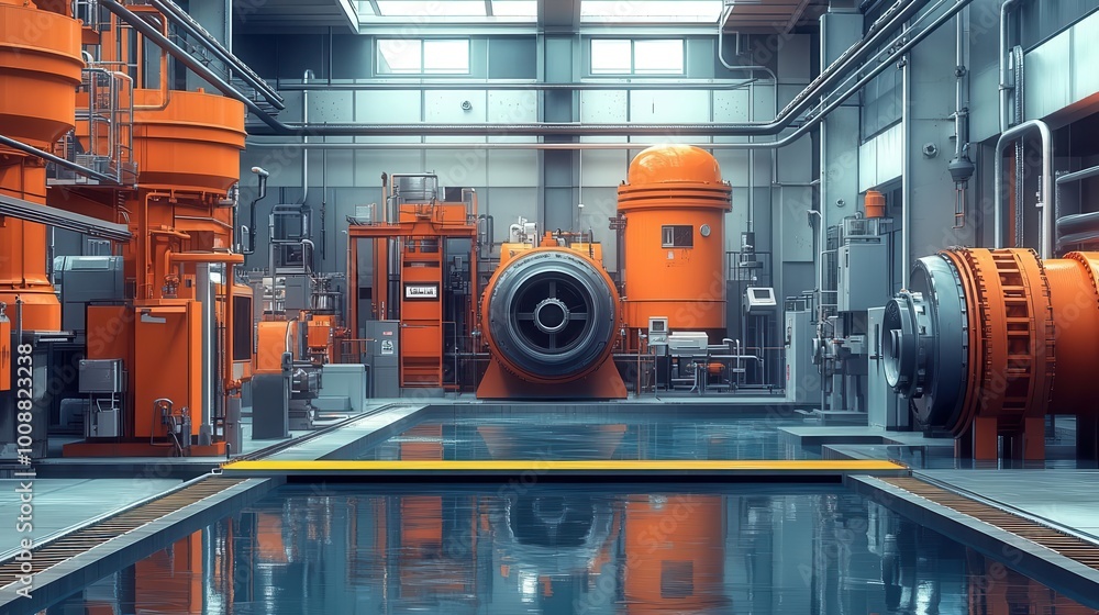 detailed vector illustration of an industrial water pump station ...