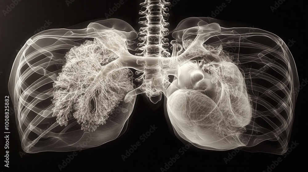 detailed xray illustration of the human heart overlaying the ribcage ...