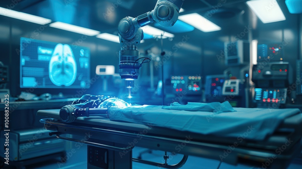 Robotic arm executing laser surgery in a high-tech operating room ...