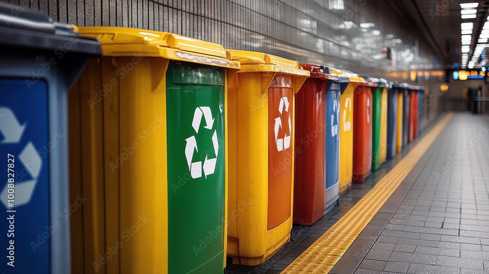 Yellow, green, blue, and red recycling bins with recycling symbols ...