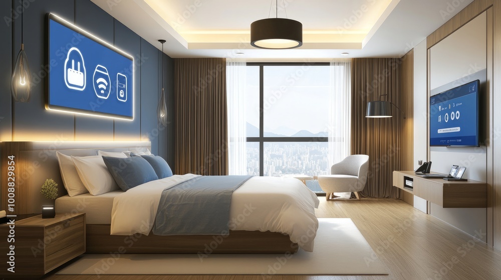 Elegant hotel room equipped with a smart home technology interface ...