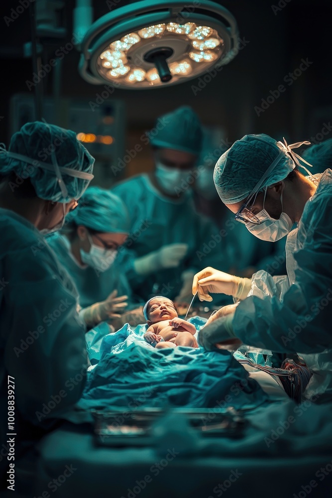 Newborn baby in operating room, hands and feet visible. Newborn baby is ...