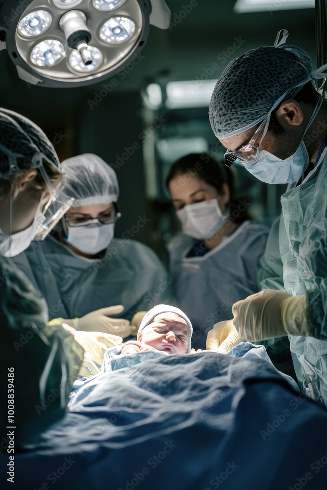 Newborn baby in operating room, hands and feet visible. Newborn baby is ...