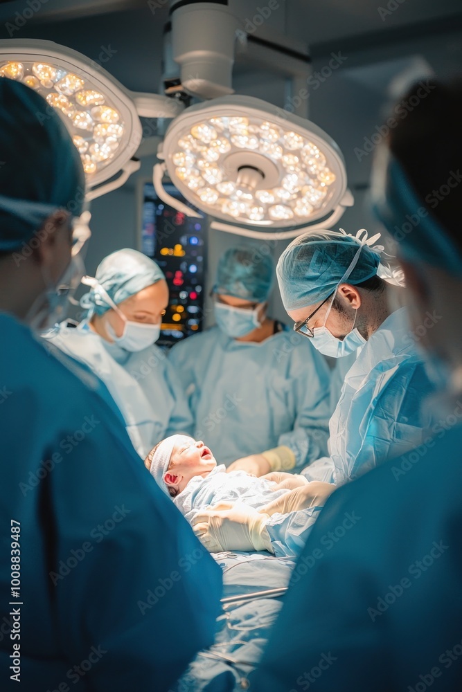 Newborn baby in operating room, hands and feet visible. Newborn baby is ...