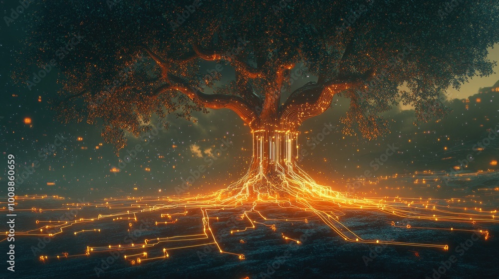 An abstract technology tree with glowing circuit-like branches, its ...