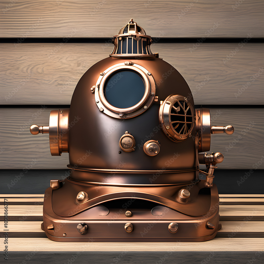 A vintage copper diving helmet, polished to a soft gleam, resting on a ...