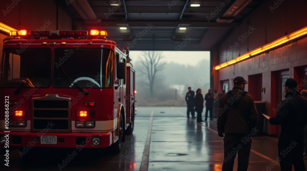 Inside view of a fire station with trucks and firefighters at dawn ...