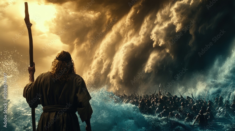 In a dramatic moment, Moses stands before the towering waves of the Red ...