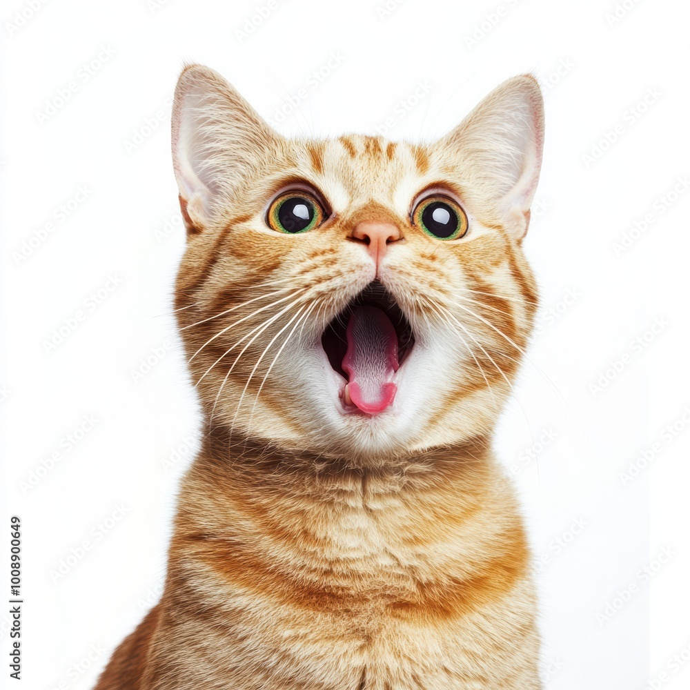 Angry and surprised cat isolated on white background with a funny and ...