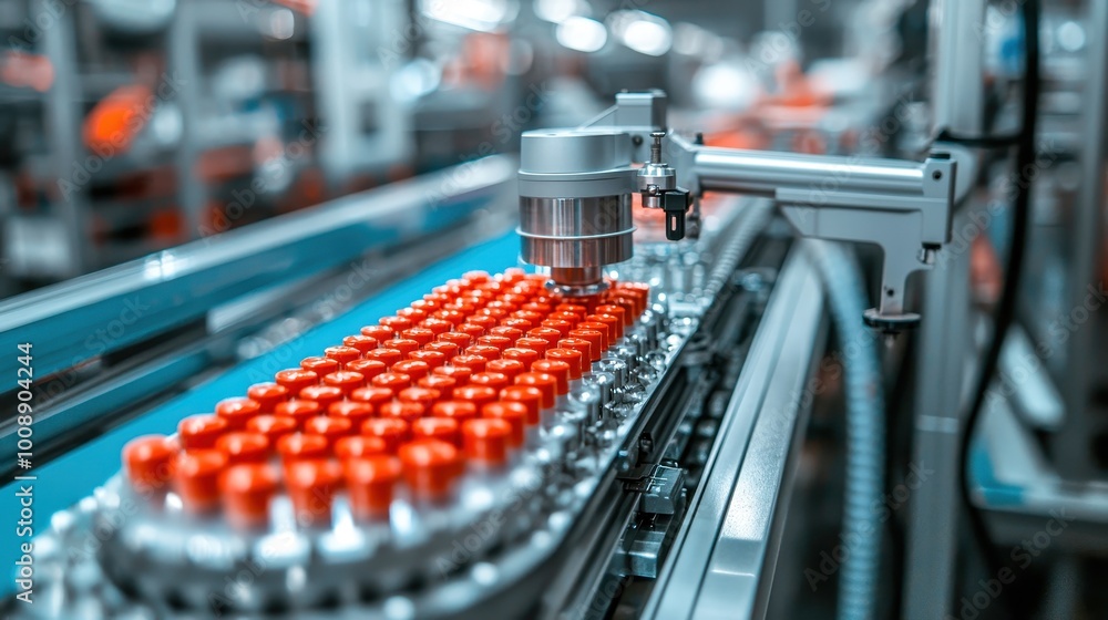 Automated robot arm sorting red containers on a conveyor belt in a modern manufacturing facility ...