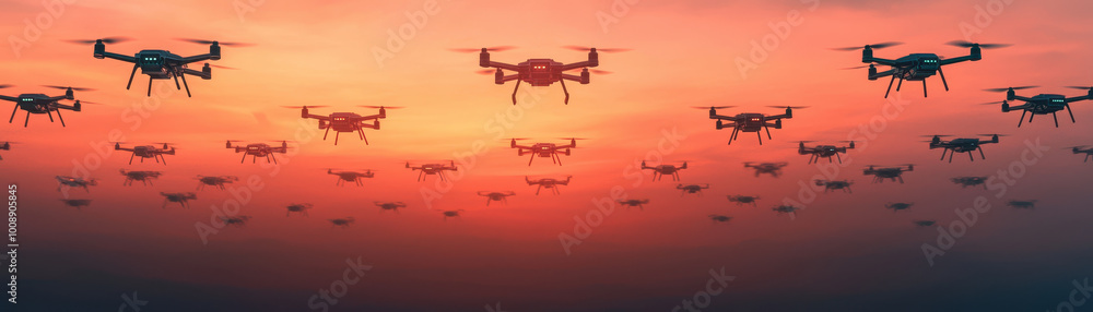 swarm of drones flying in formation against vibrant sunset sky creates ...