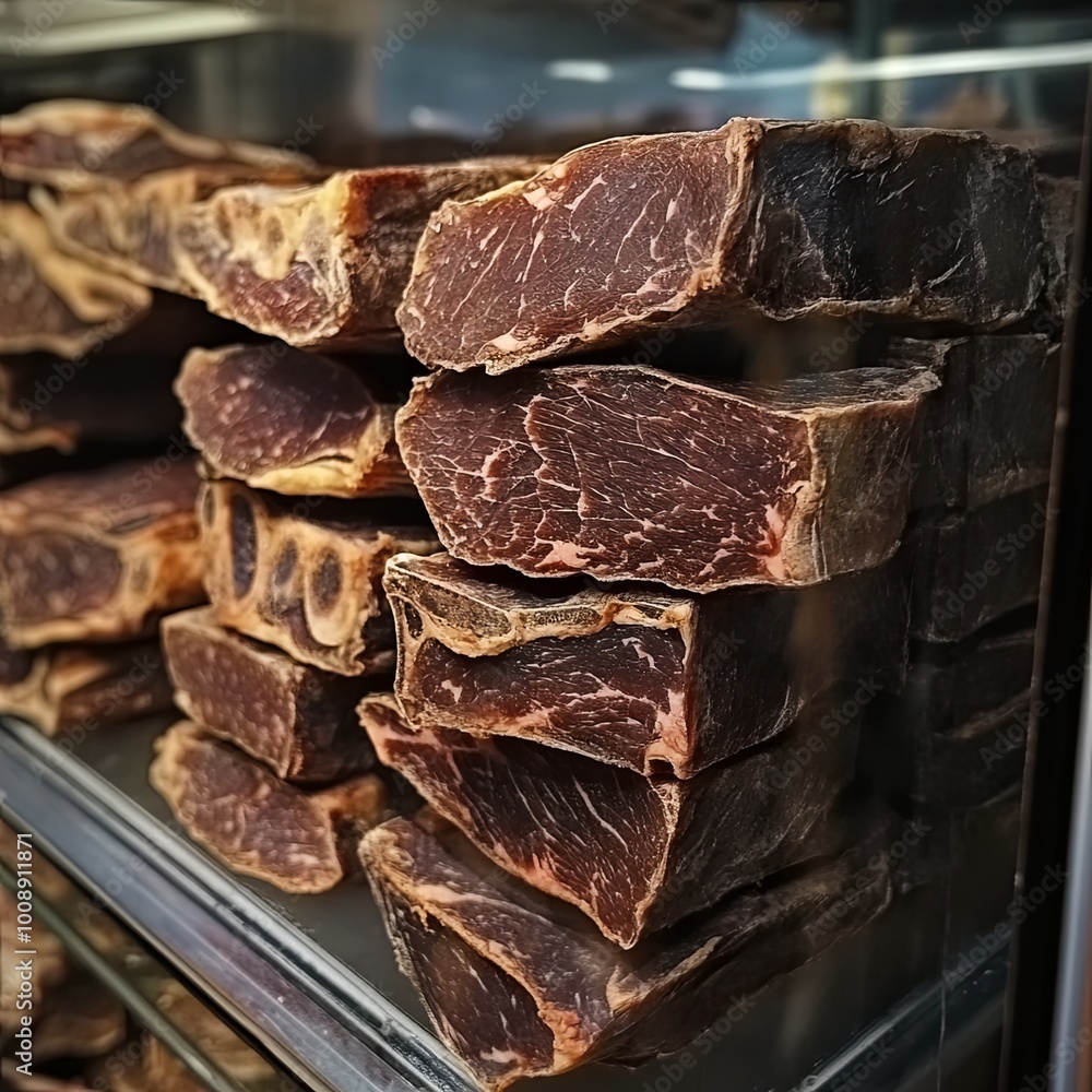 Prepare dried meats. Beef jerky. Jerky. Meat shop. Marbled beef dry ...